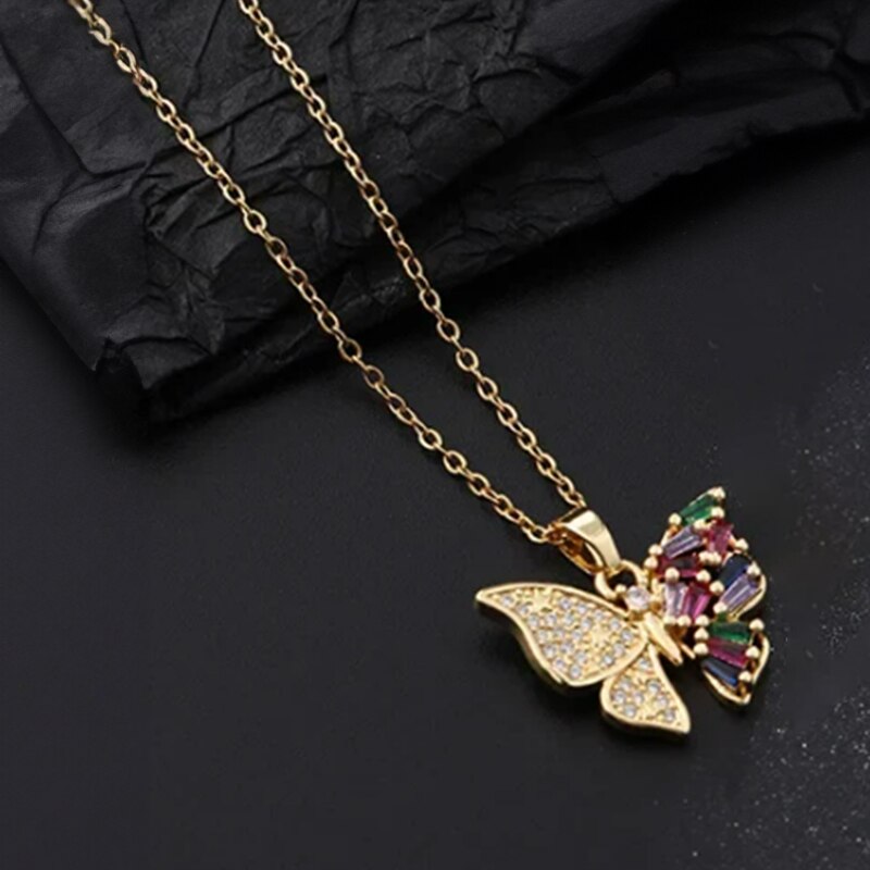 Lant dama, pandantiv cu fluture colorat cu cristale de zirconiu, model ...