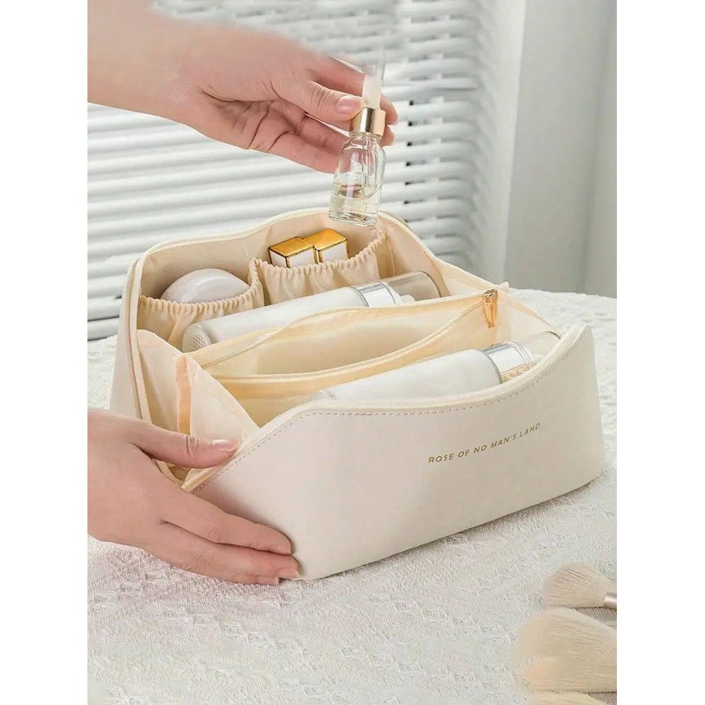 Geanta cosmetice si parfumuri, cu maner, ideal geanta bagaj, Crem - eMAG.ro