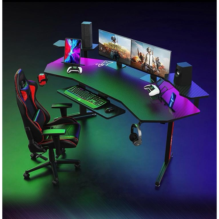Birou Smart Gaming cu lumini LED RGB si folie carbon, negru, 187x73x75 ...