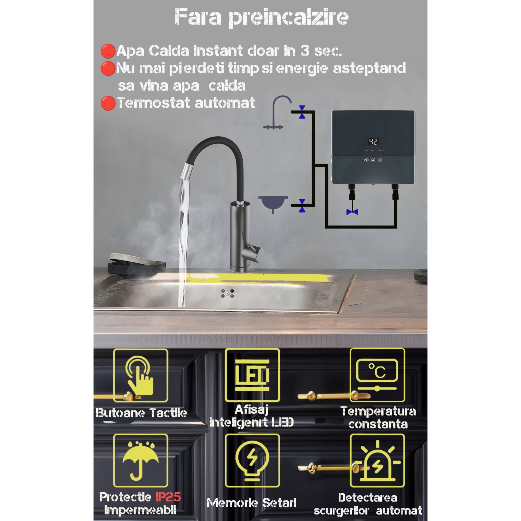 Instant electric pentru apa cu WIFI si Afisaj LED, 6000W, Protectie ...