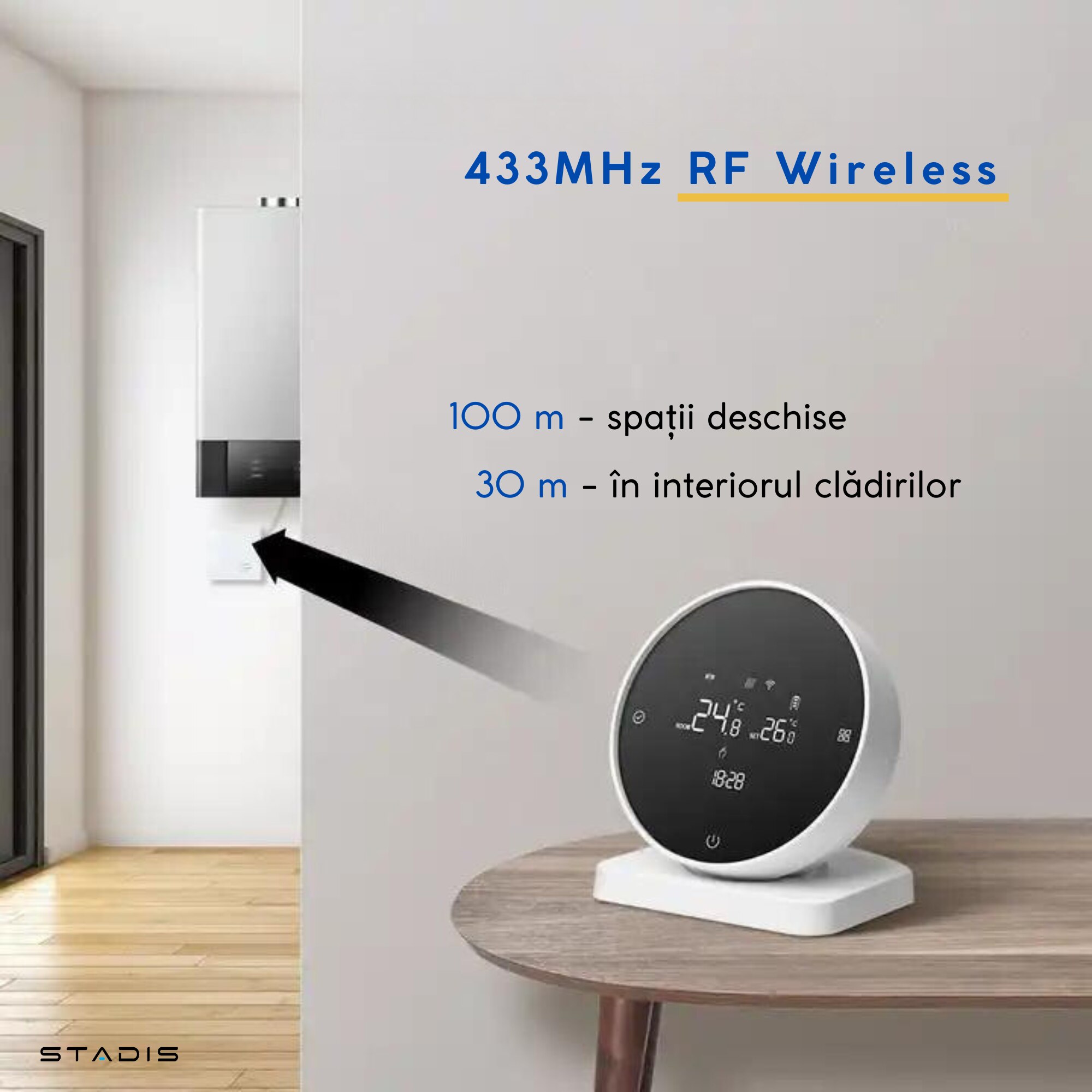 Termostat de ambient Smart STADIS™, WiFi, RF Wireless, Controlat prin ...