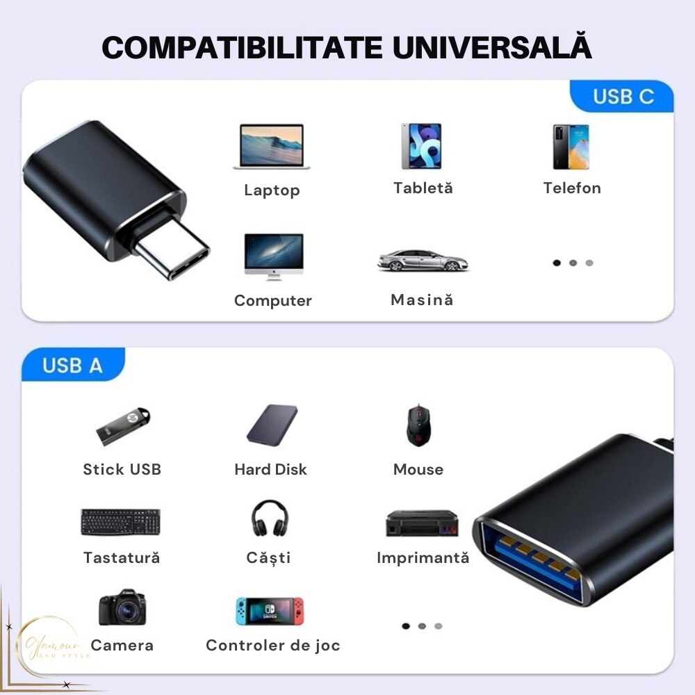 Adaptor USB Tip C - USB A, 3.0 OTG 5Gbps, Transmitere semnal video ...
