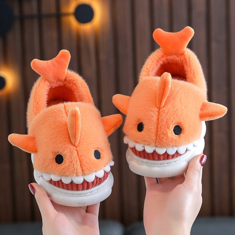 Papuci de casa cu blana pentru copii, Rechin, 32-33 EU, Portocaliu ...