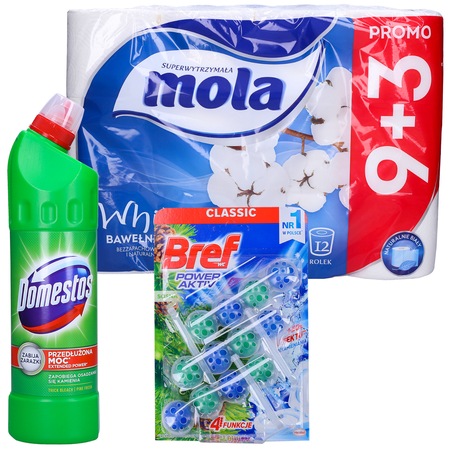 Set Domestos 750ml + odorizant toaleta Bref 3 buc+ hartie igienica Mola ...