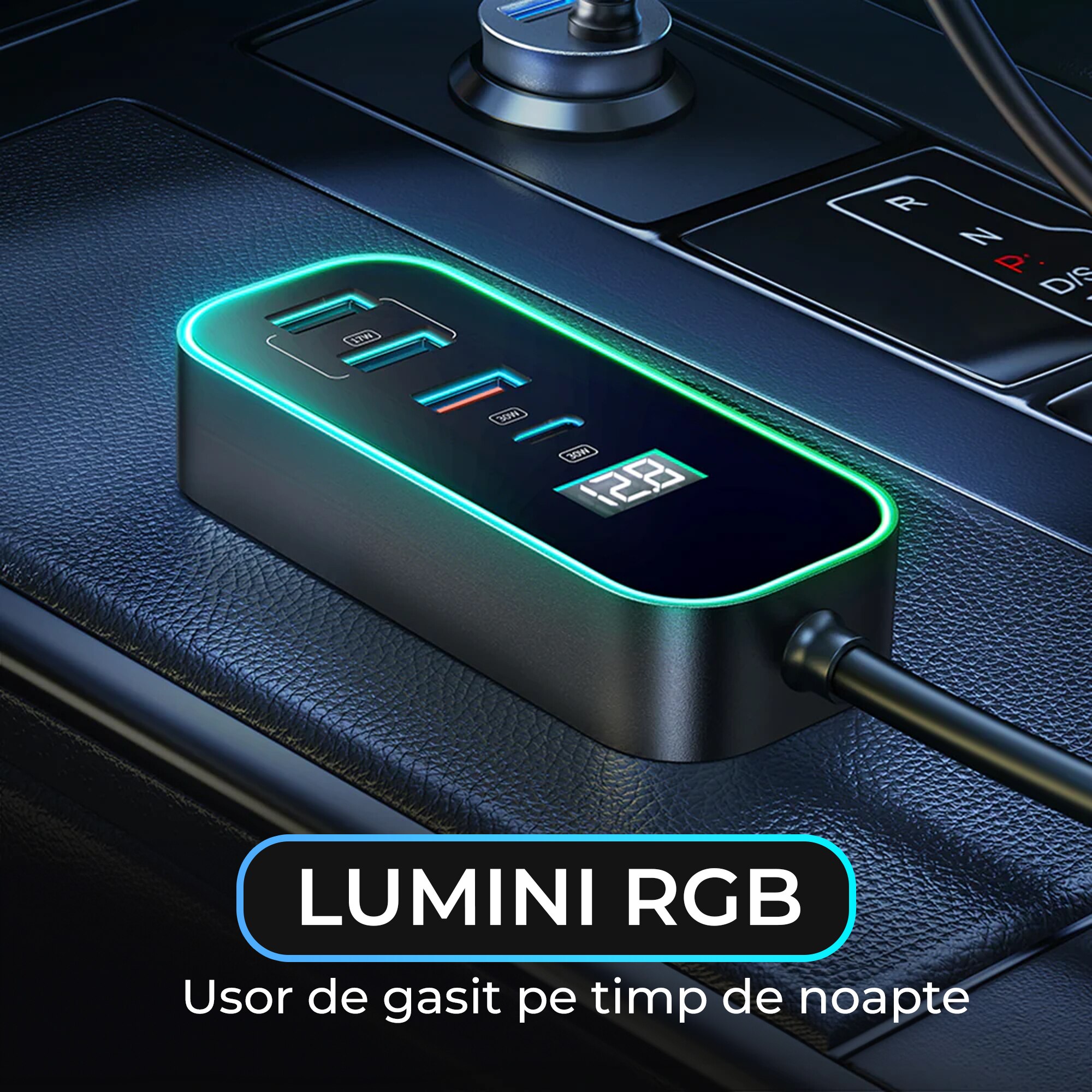 Зарядно за кола 107W Fast Charge, 5 в 1, USB, Type-C, RGB светлини ...