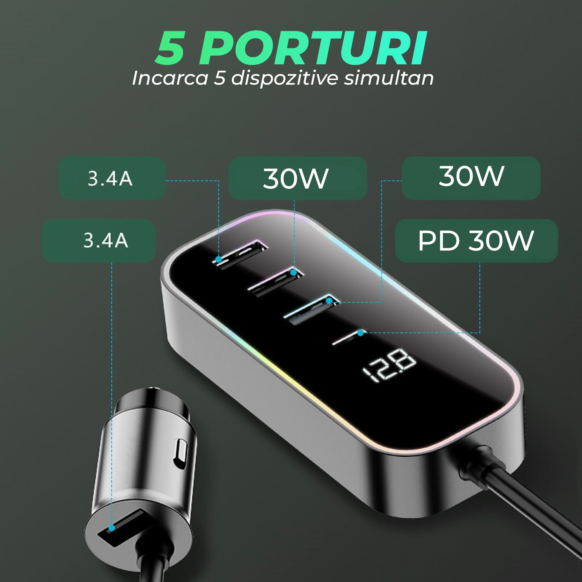 Зарядно за кола 105W Fast Charge, 5 в 1, USB, Type-C, RGB светлини ...