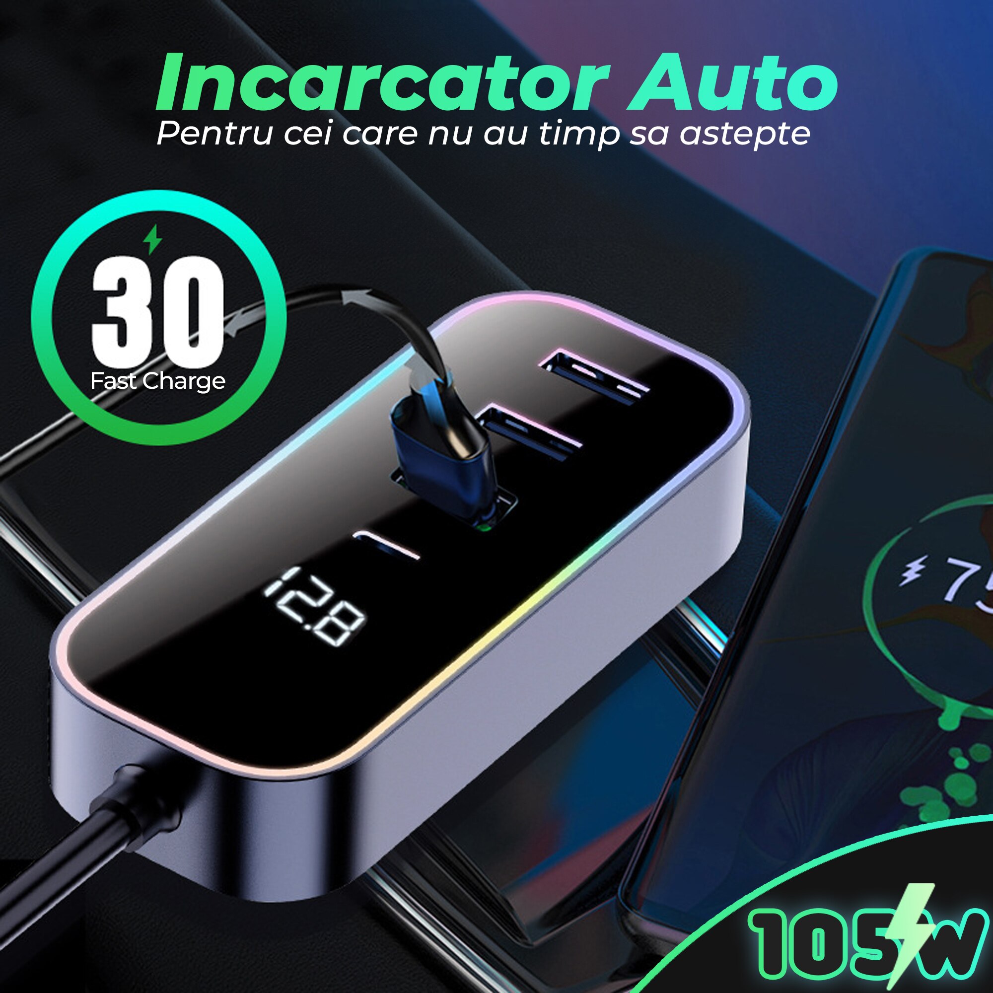 Incarcator auto 105W Fast Charge, 5 in 1, USB, Type-C, lumini RGB ...