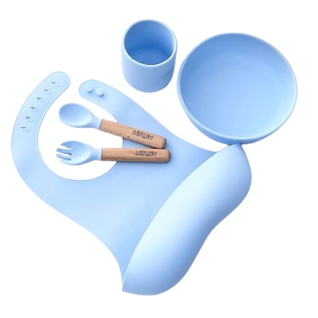 Set complet diversificare din silicon MYCAV® pentru bebelusi si copii, baveta, farfurie/bol cu ...