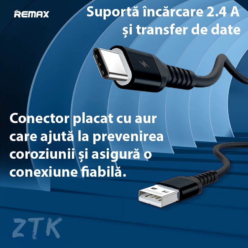 Cablu USB Type C, Remax Kayla II, RC-C008 A-C, 2.4 A, 1m, Negru - eMAG.ro