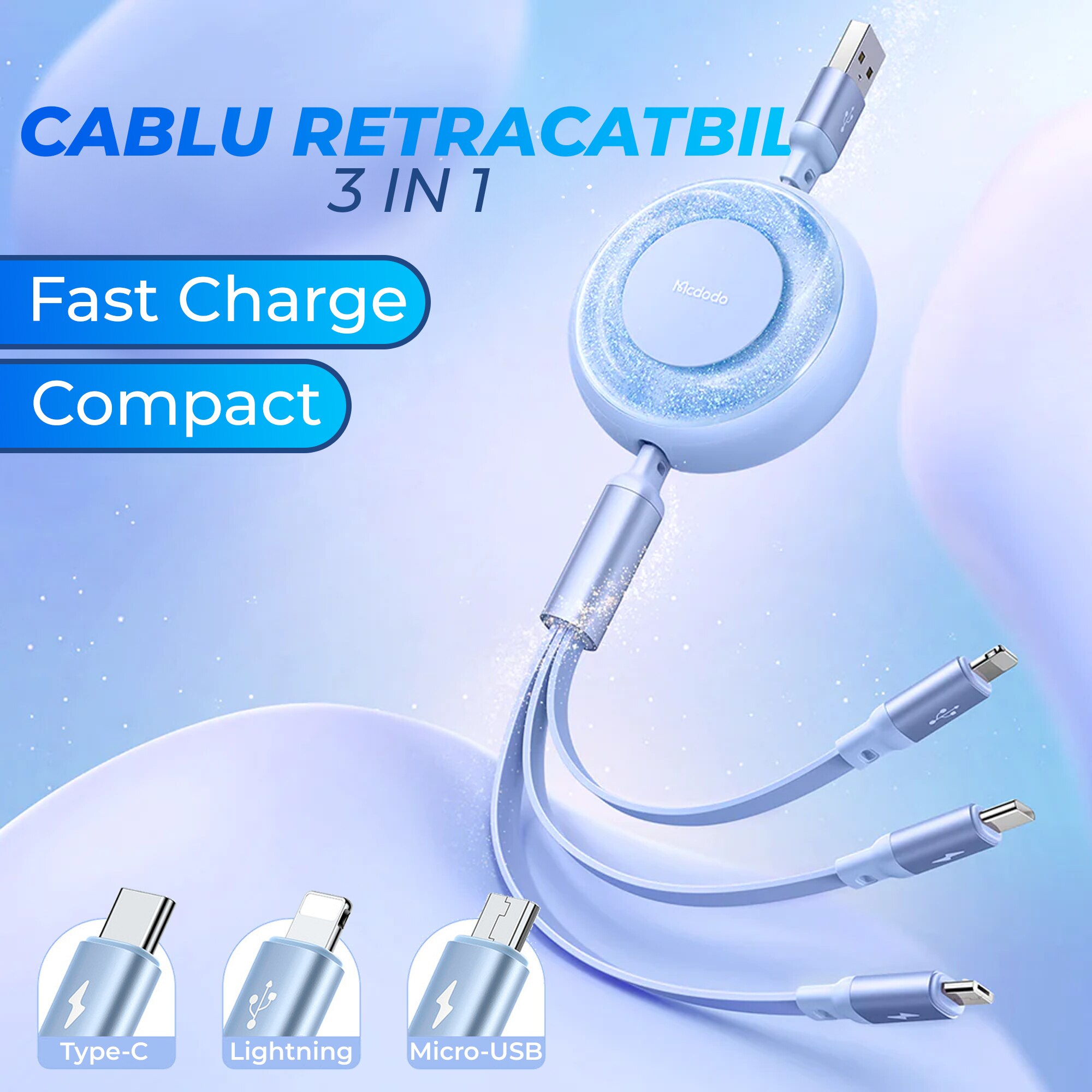 Cablu de date 3 in 1, Retractabil, Fast Charge, Type-C, Lightning, USB ...