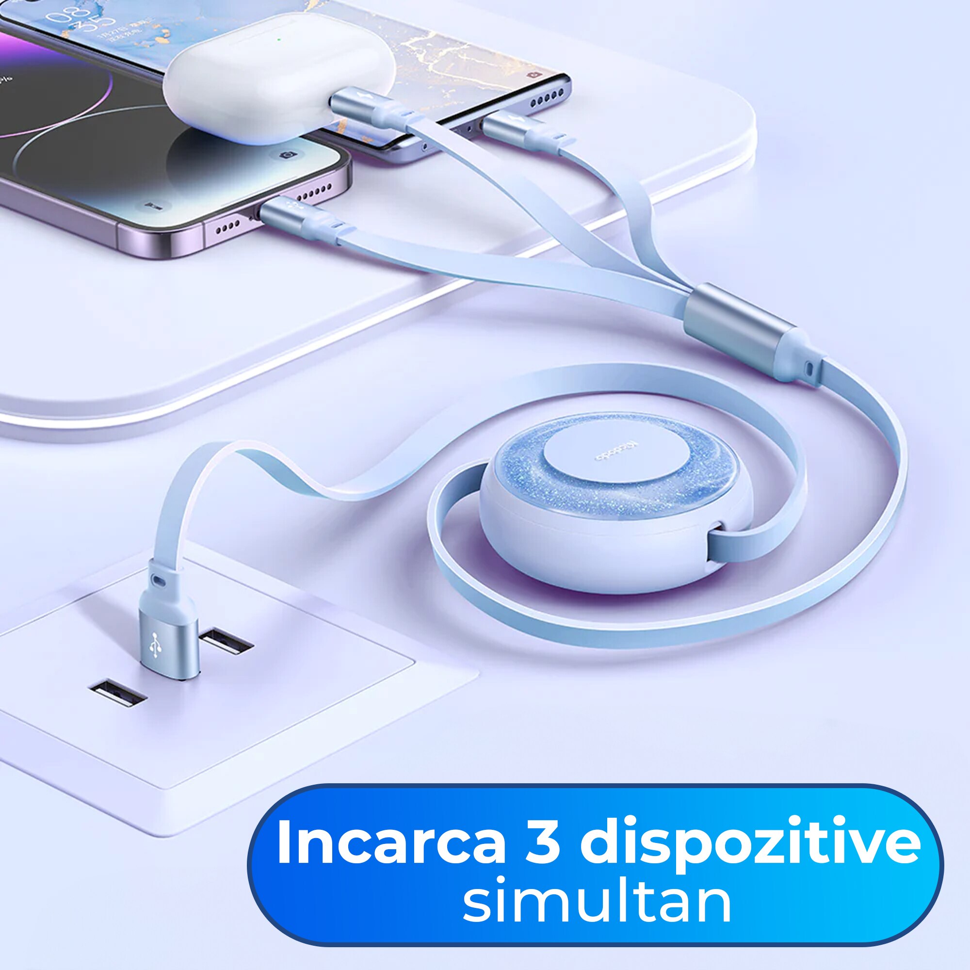 Cablu de date 3 in 1, Retractabil, Fast Charge, Type-C, Lightning, USB ...