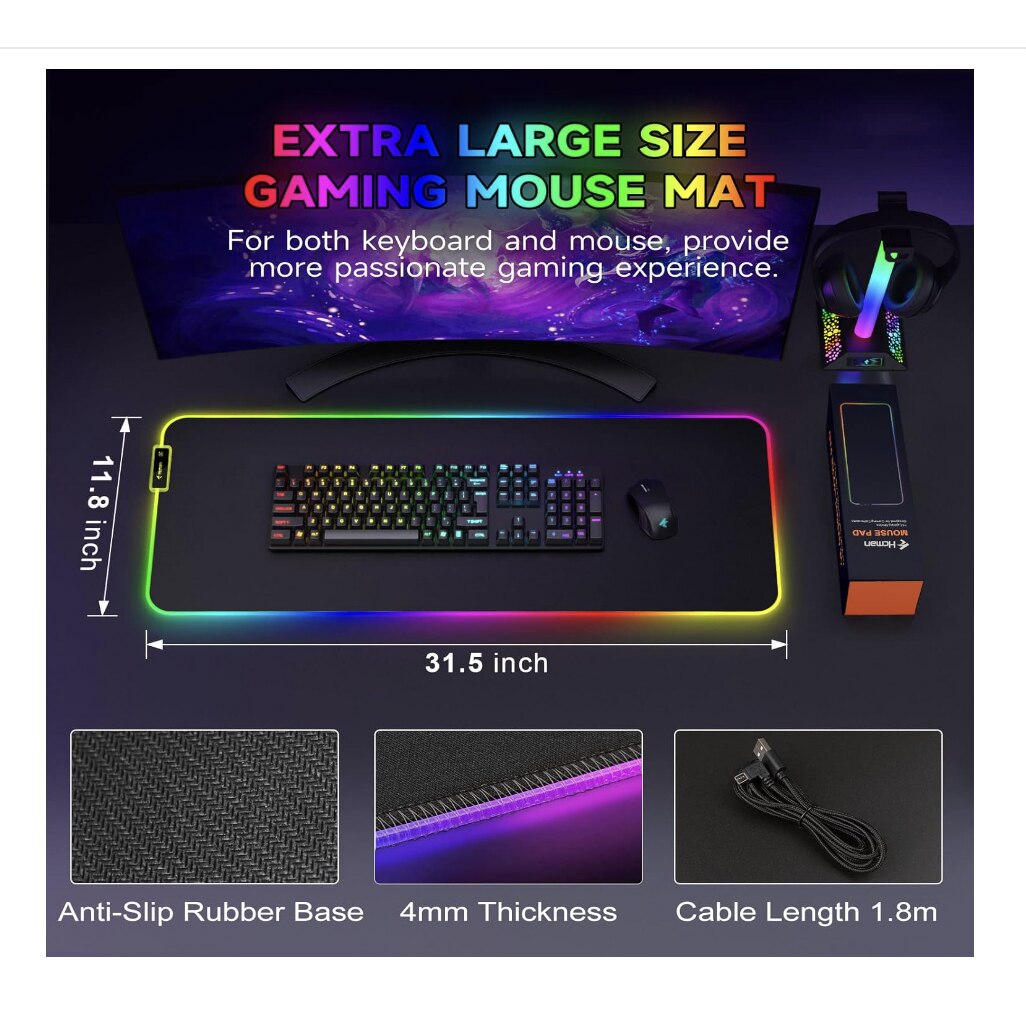 Mouse Pad gaming QUANDES®, RGB, 15 moduri LED, Baza din cauciuc ...