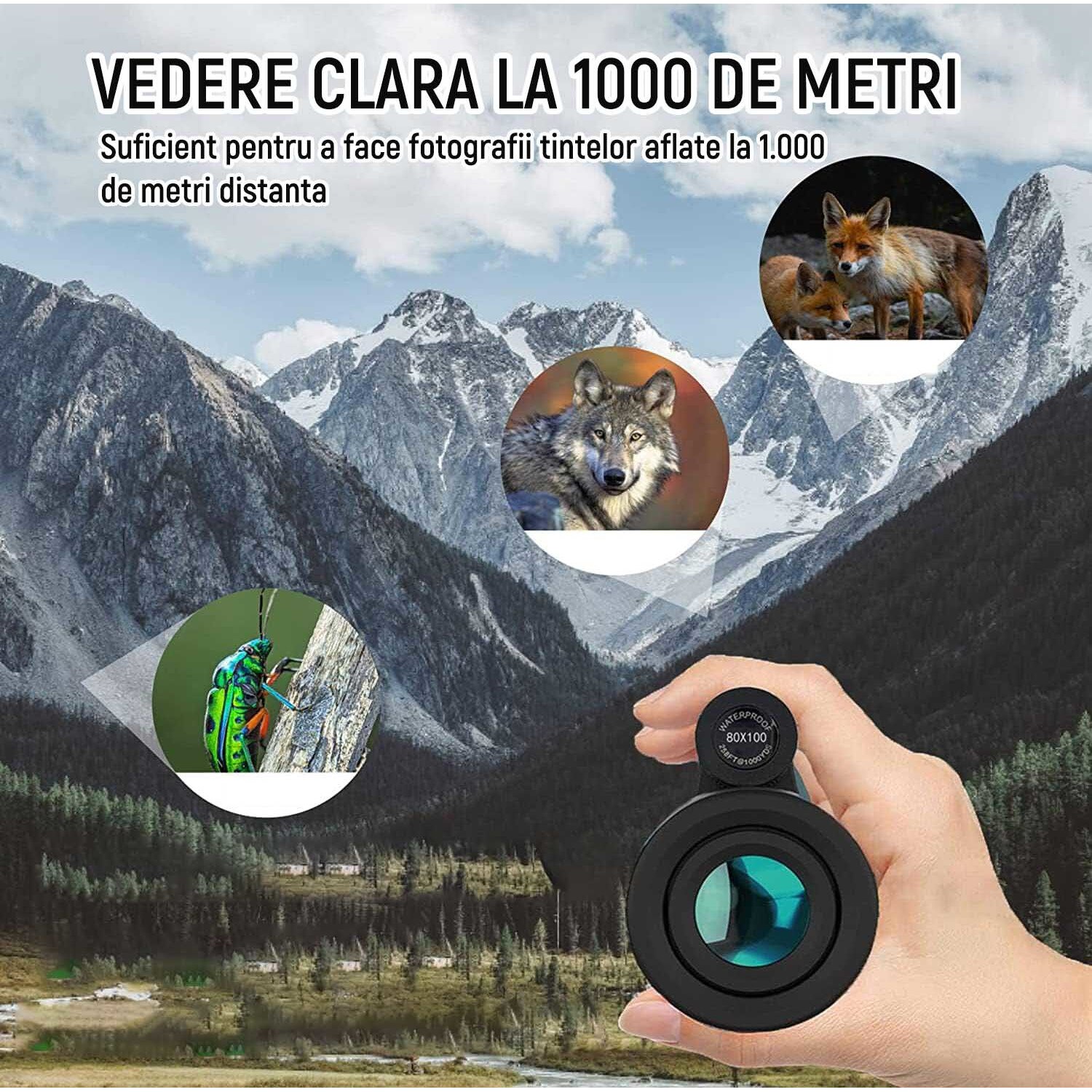 Monoclu Telescop profesional HD 80X100 de Inalta Definitie cu Suport ...