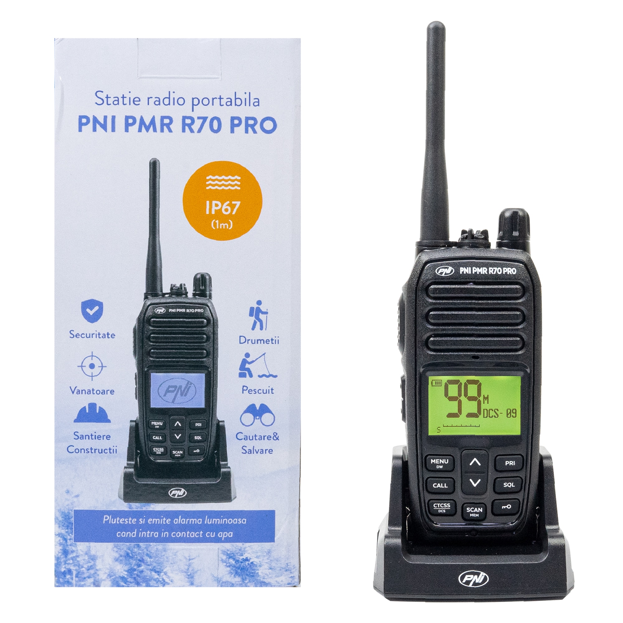 Statie radio portabila PNI PMR R70 PRO 446MHz, 16CH 0.5W, 99 canale programabile PC, tonuri 50 ...