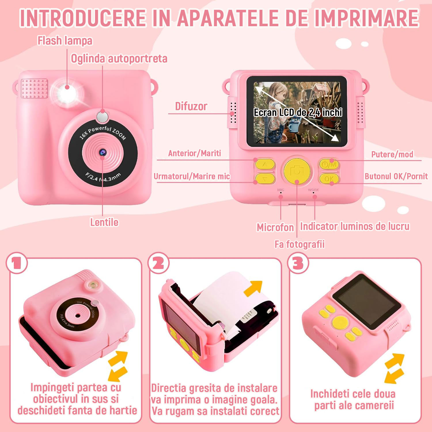 Camera foto digitala pentru copii, imprimare instantanee, 1080P HD, 2.4 ...