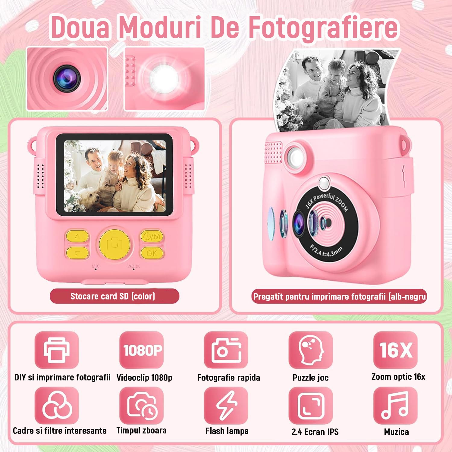 Camera foto digitala pentru copii, imprimare instantanee, 1080P HD, 2.4 ...