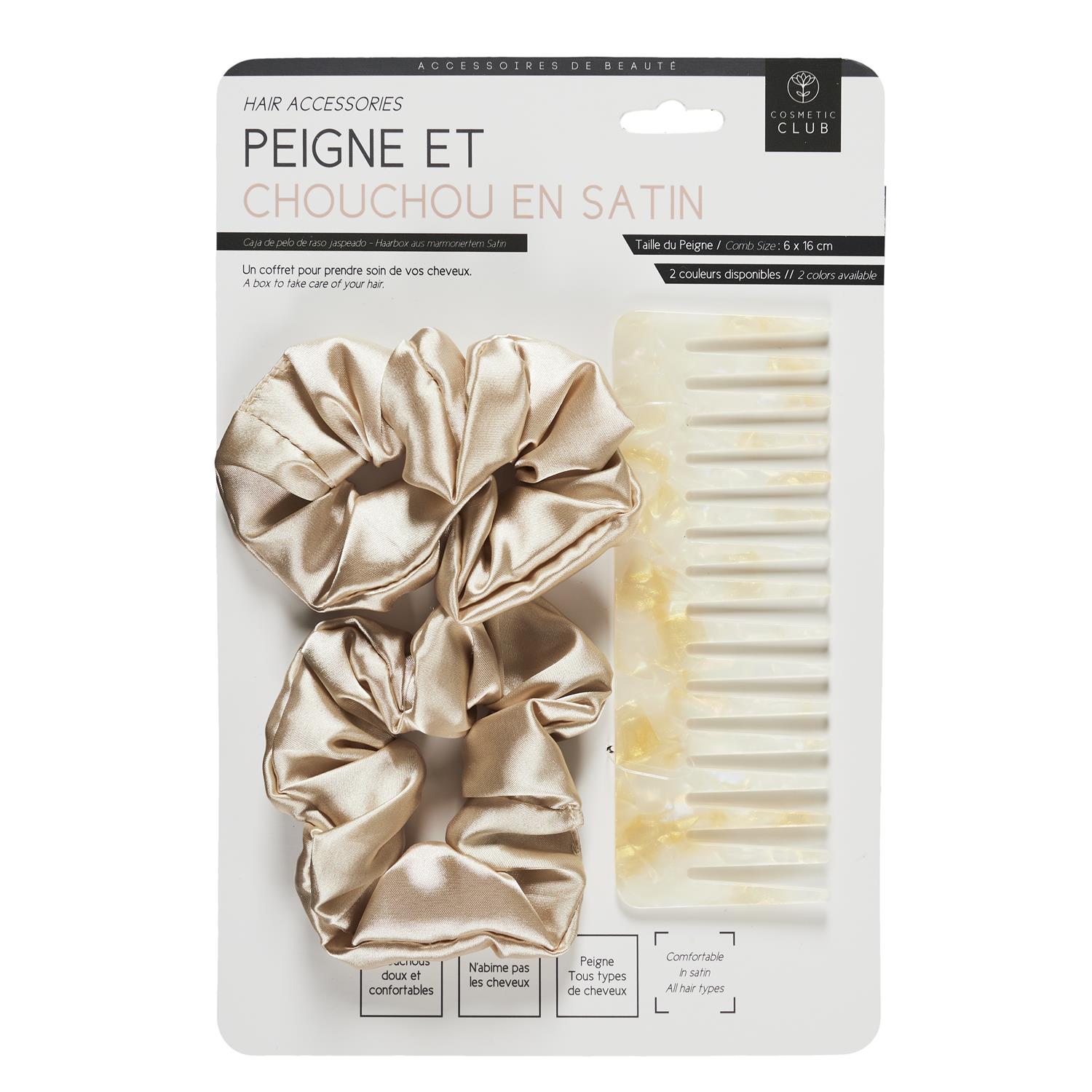 Set pieptan si 2 elastice de par, din satin, crem, Happymax - eMAG.ro