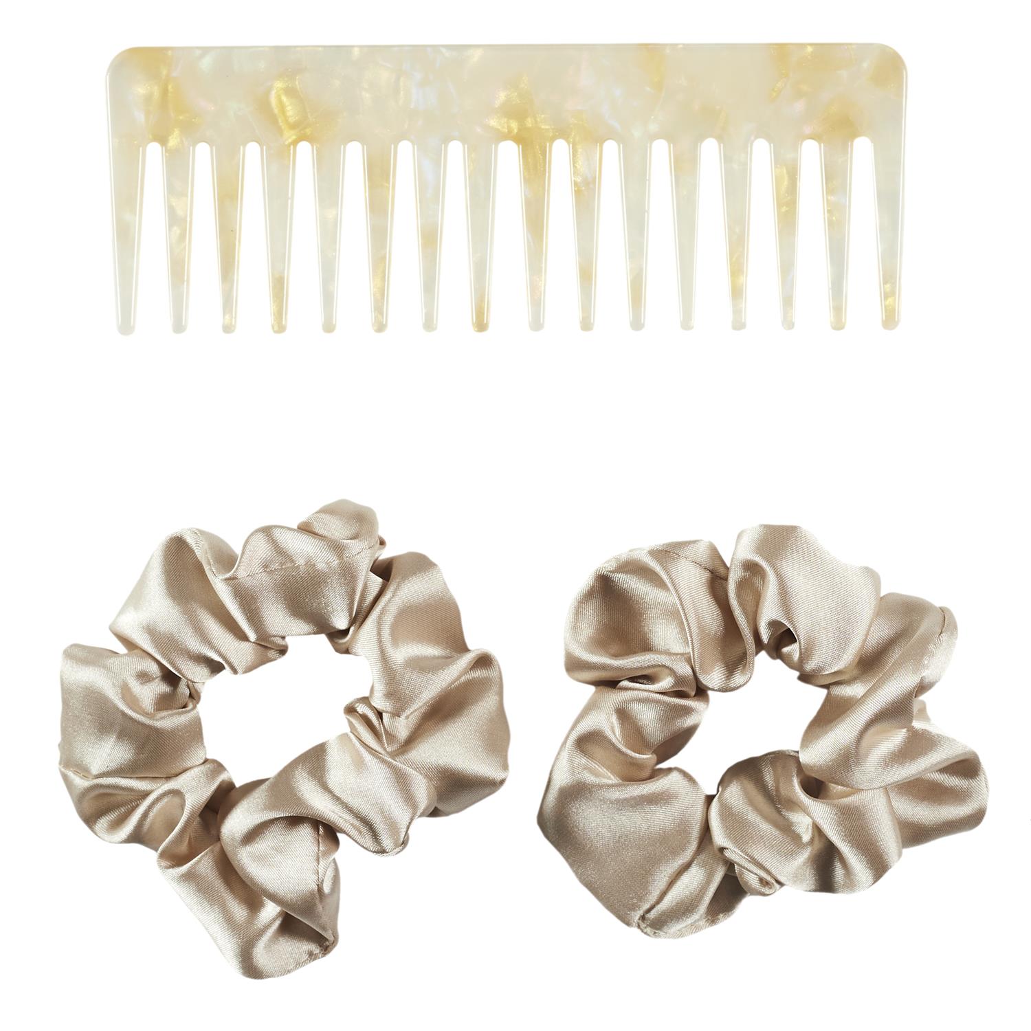 Set pieptan si 2 elastice de par, din satin, crem, Happymax - eMAG.ro