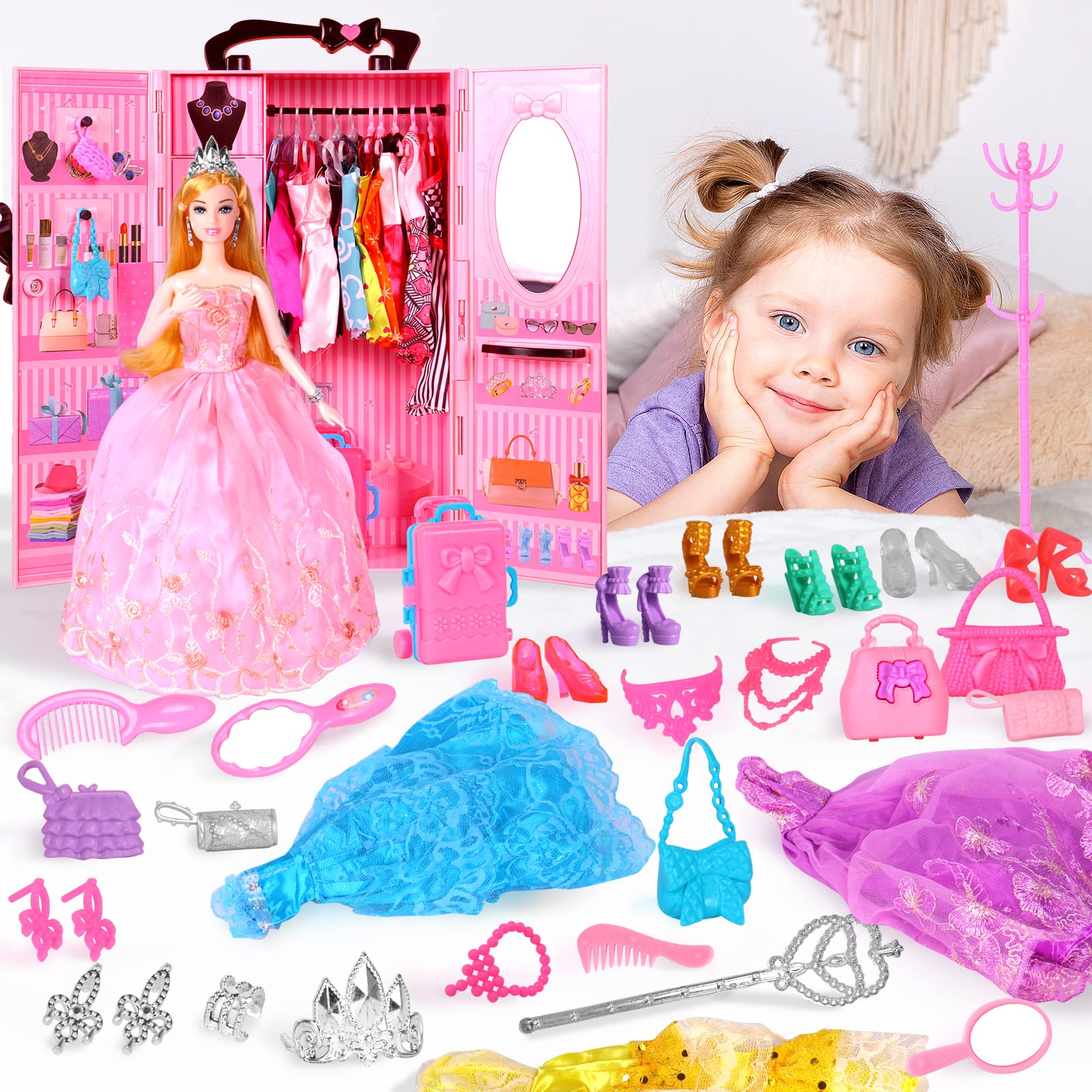 Set de joaca Barbie, WALALLA, dulap de haine pentru papusi, inclusiv haine si diverse accesorii ...