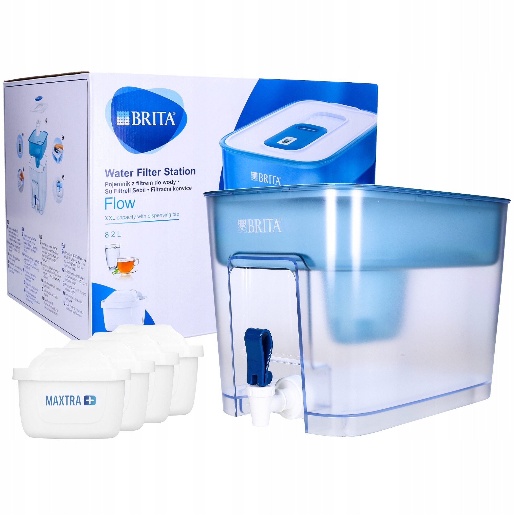 Set Dozator cu filtru de apa, Brita, Flow, 4 x filtre, 8.2l, Albastru ...