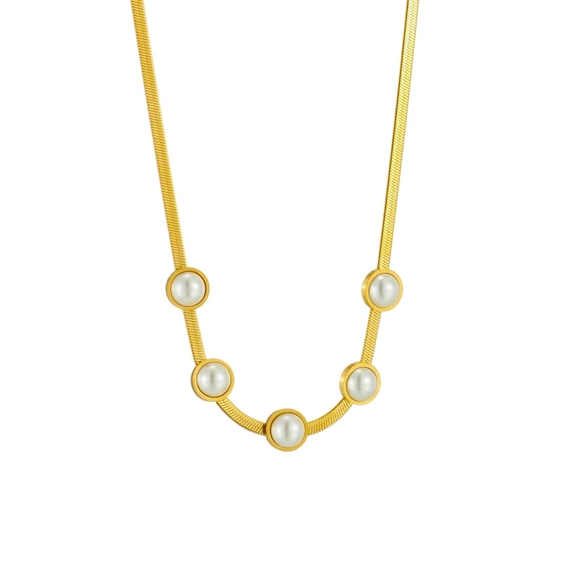 Colier auriu, din otel inoxidabil, placat cu aur 18K, model cu perle ...