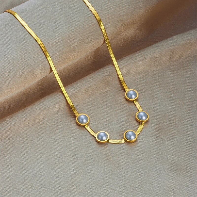 Colier auriu, din otel inoxidabil, placat cu aur 18K, model cu perle ...
