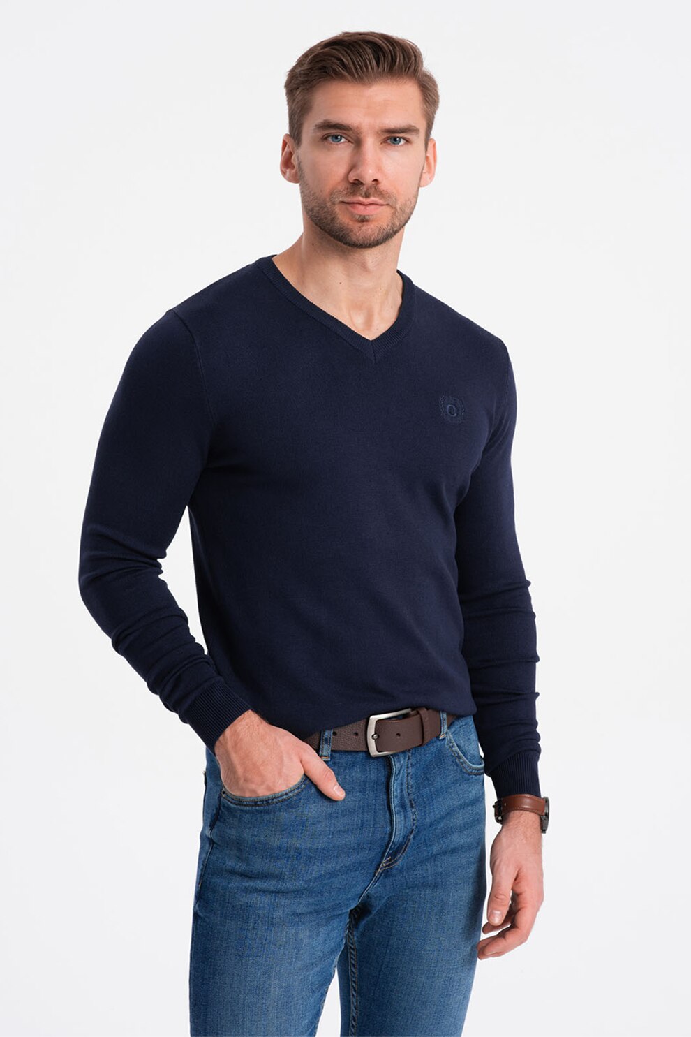 OMBRE, Pulover slim fit cu decolteu in V, Bleumarin, L - eMAG.ro