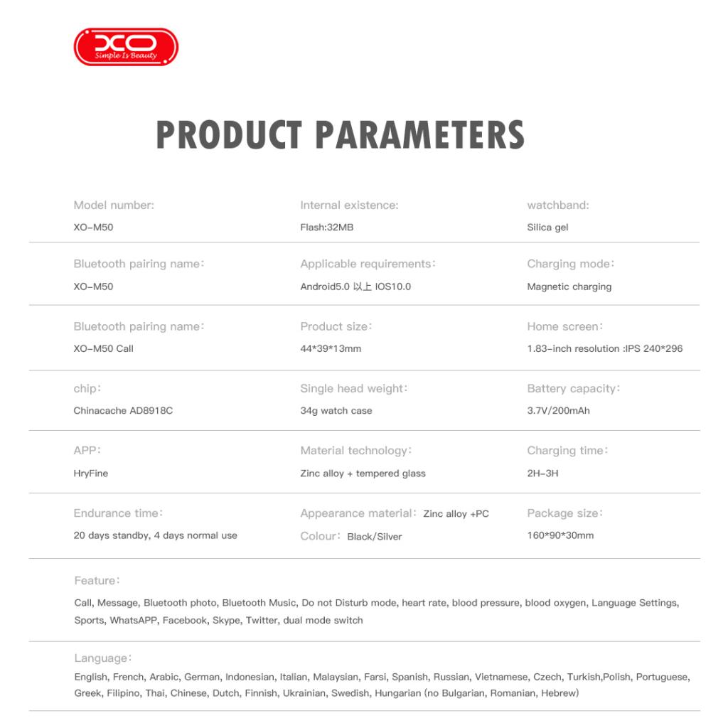 Смарт часовник XO - M50, 1.83-инчов, Bluetooth, Известия, Android 5.0 и iOS 10.0, сив - eMAG.bg