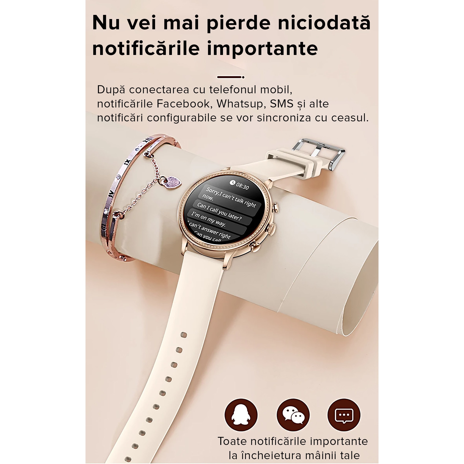 Ceas smartwatch dama ELEGANCE, bratara metalica si siliconica alba, apelare, notificari, meteo ...