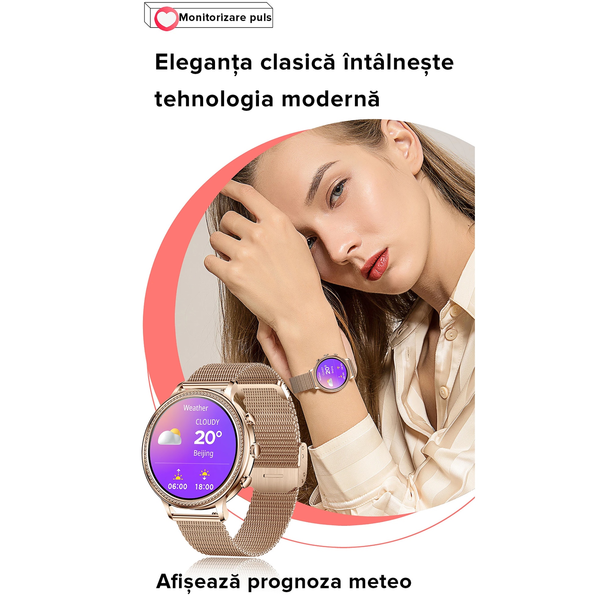 Ceas smartwatch dama ELEGANCE, bratara metalica si siliconica alba ...