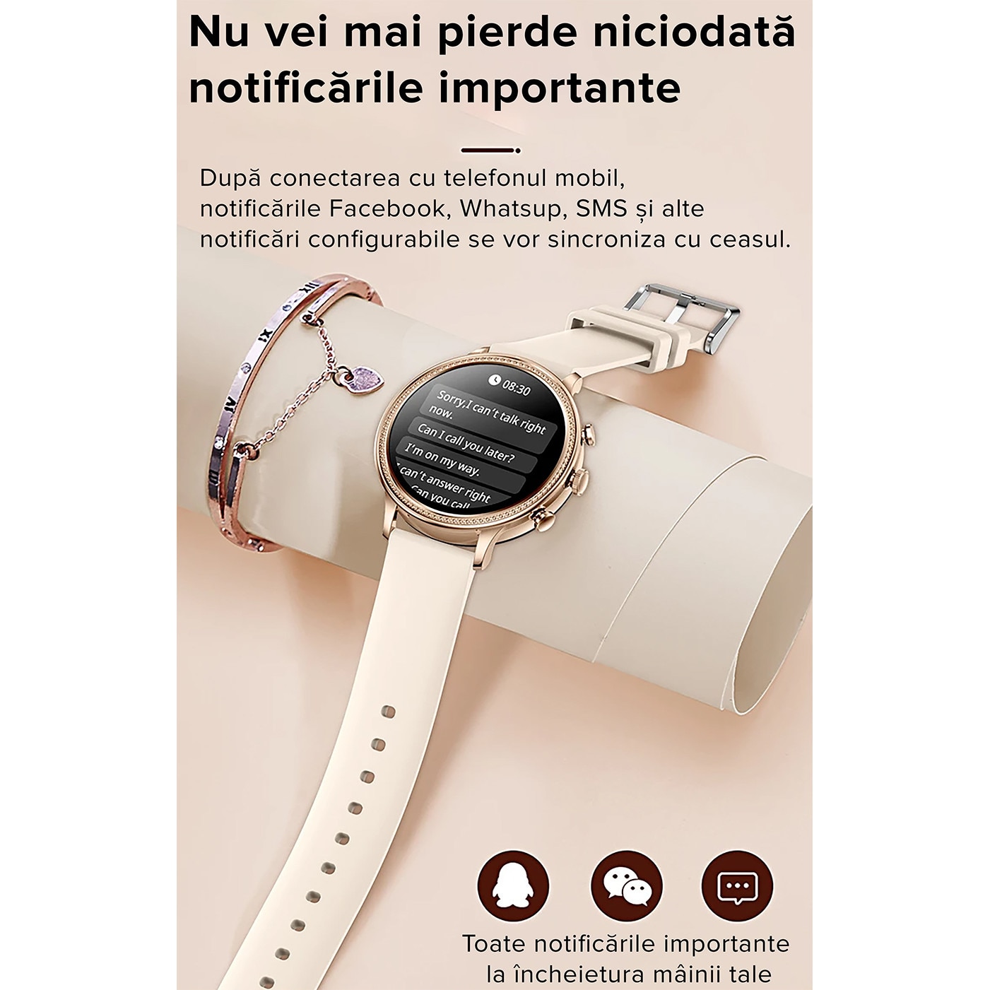 Ceas smartwatch dama ELEGANCE, bratara metalica si siliconica alba ...