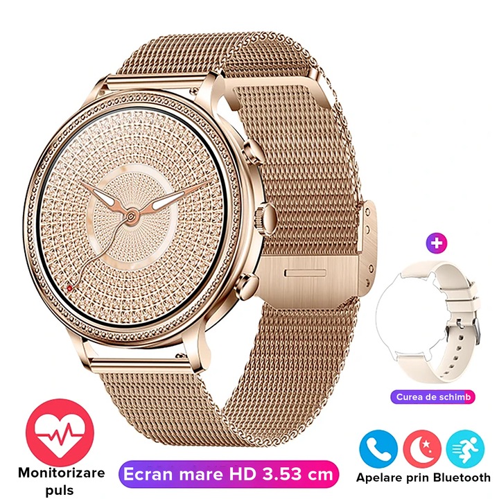 Ceas smartwatch dama ELEGANCE, bratara metalica si siliconica alba, apelare, notificari, meteo ...