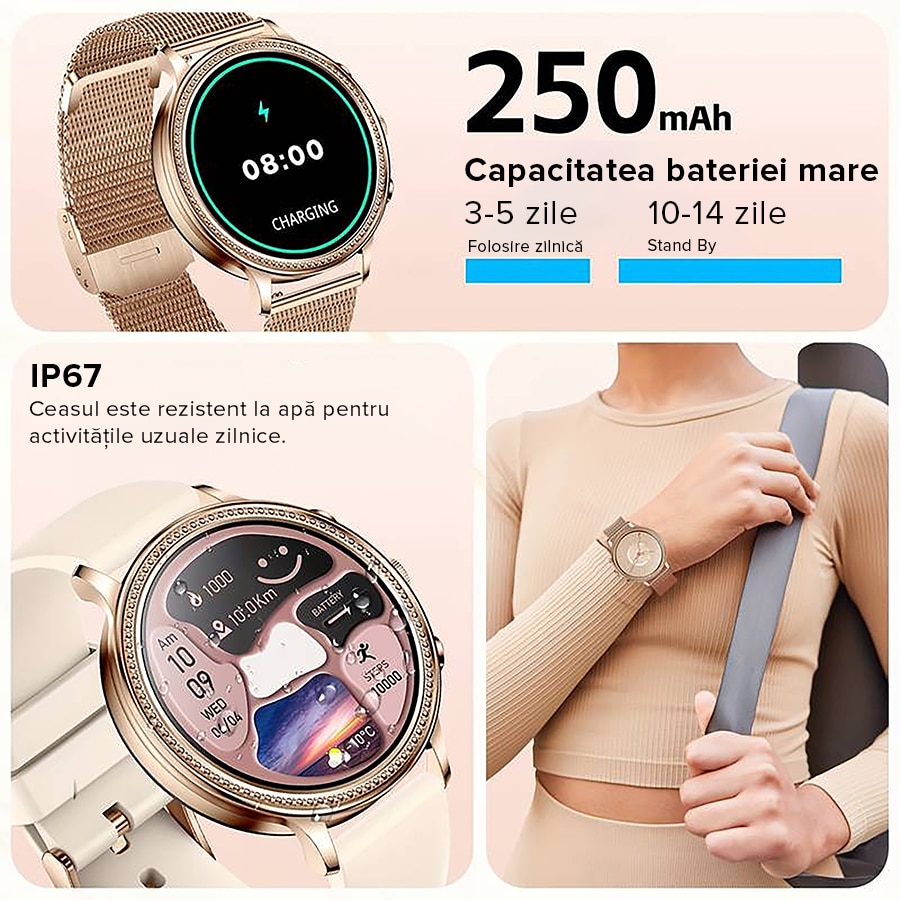 Ceas smartwatch dama ELEGANCE, bratara metalica si siliconica alba ...