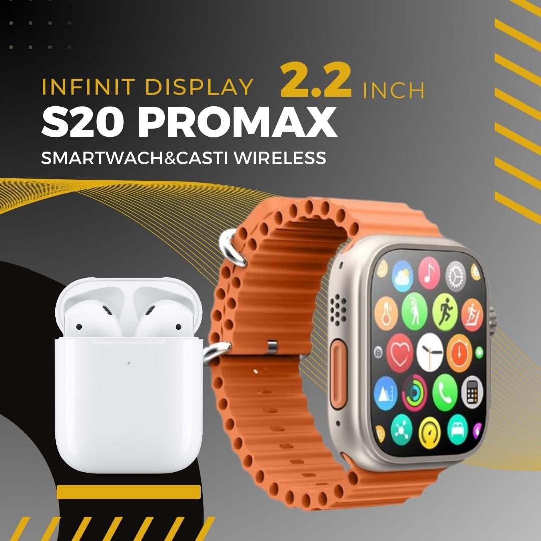 Set Complet Casti Wireless si Ceas Smart Watch, S20 PROMAX 2.2 inch ...