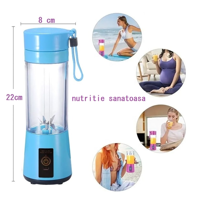 Mini Blender Portabil 380 ml, 6 Lame, Bleu - eMAG.ro