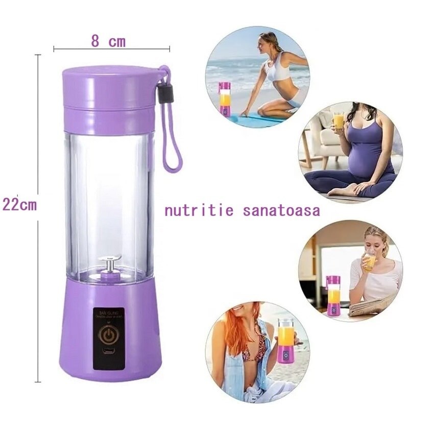 Mini Blender Portabil 380 ml, 6 Lame, Mov - eMAG.ro