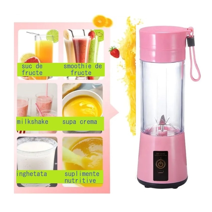 Mini Blender Portabil 380 ml, 6 Lame, Roz - eMAG.ro