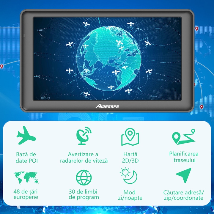 Sistem de navigatie GPS, AWESAFE, Pentru masina/camion, Bluetooth ...
