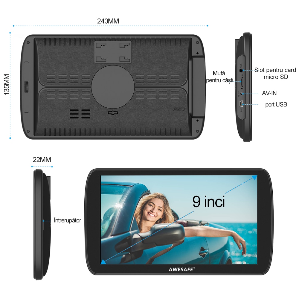 Sistem de navigare GPS, AWESAFE, Ecran tactil 9 inch, Bluetooth, Camera ...