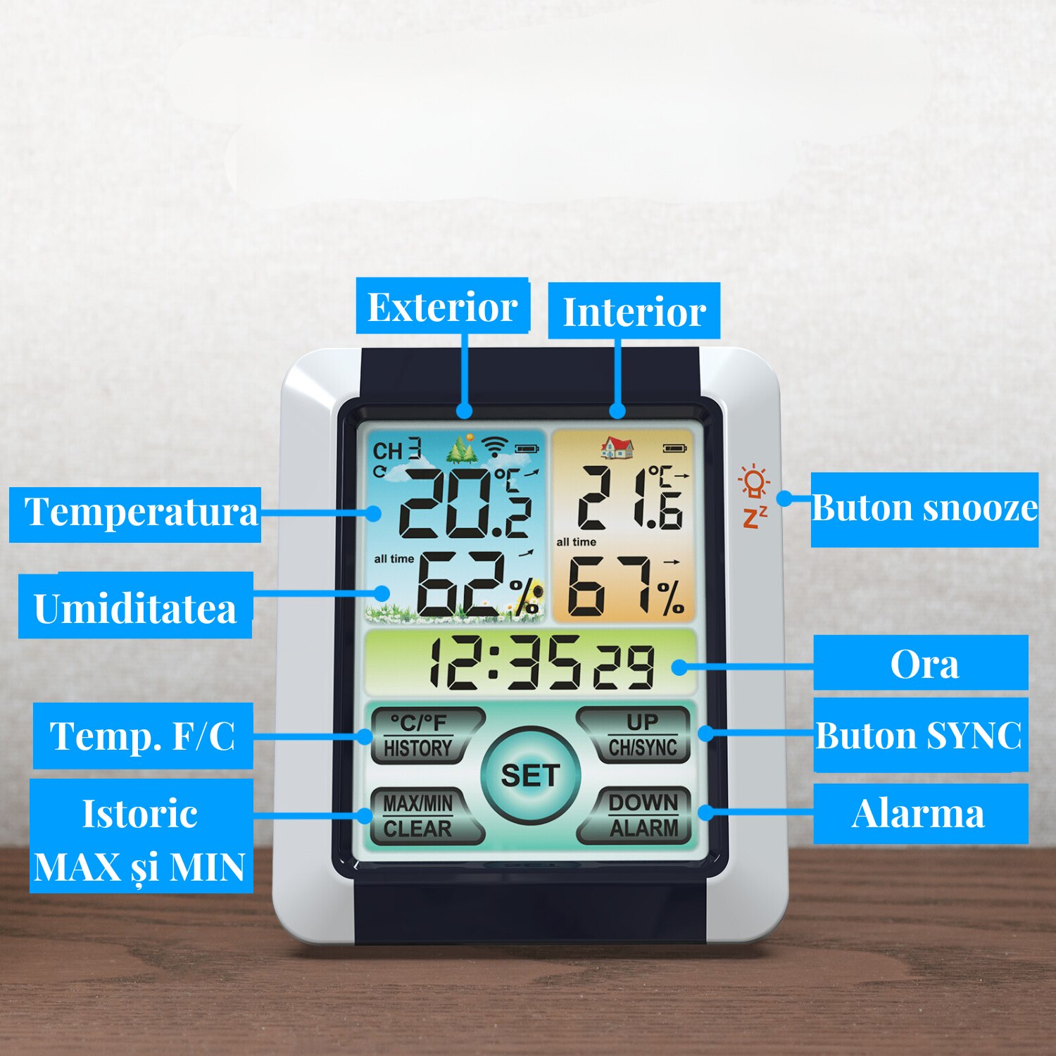 Termometru si higrometru de camera si exterior Fluxyify 9001, ecran ...