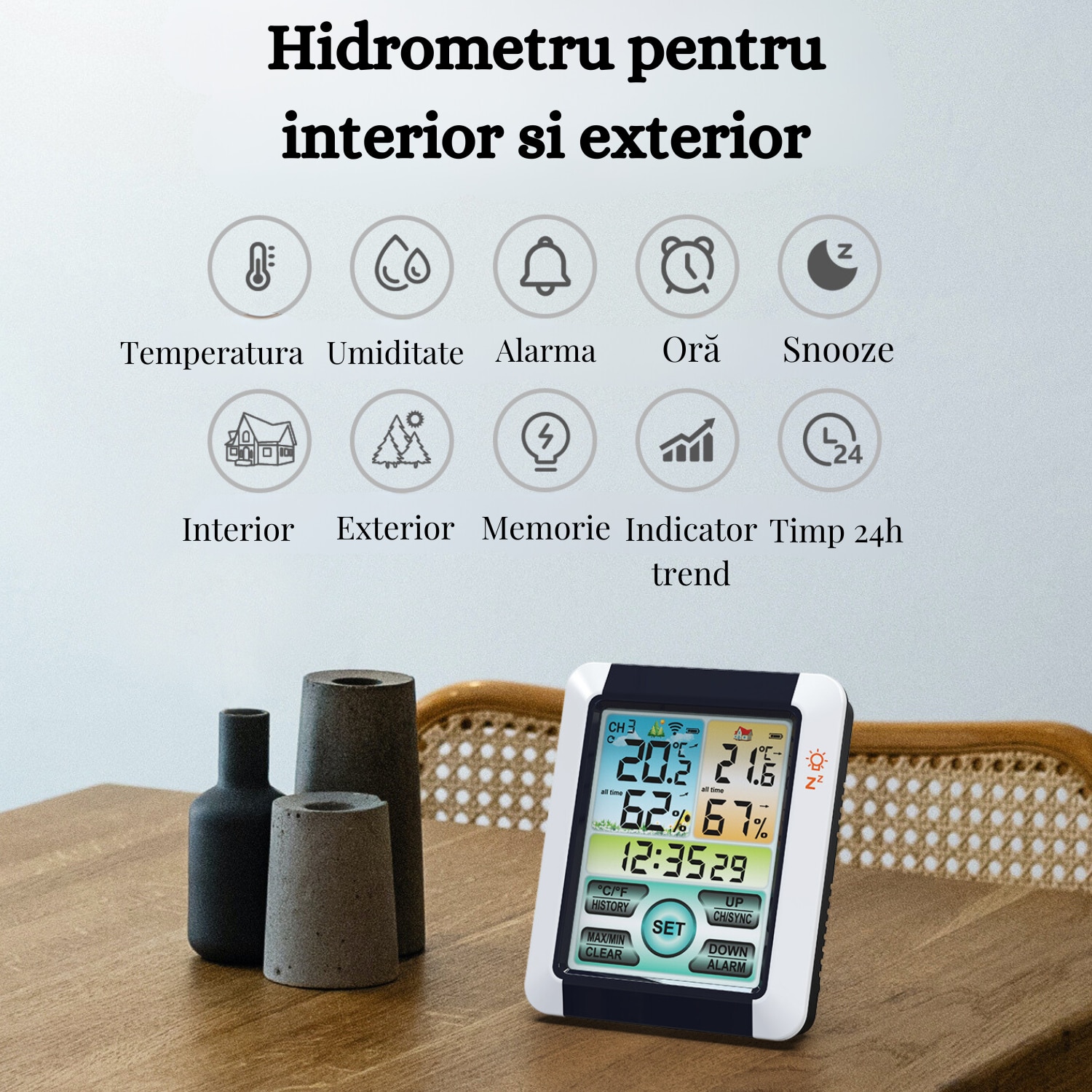 Termometru si higrometru de camera si exterior Fluxyify 9001, ecran ...