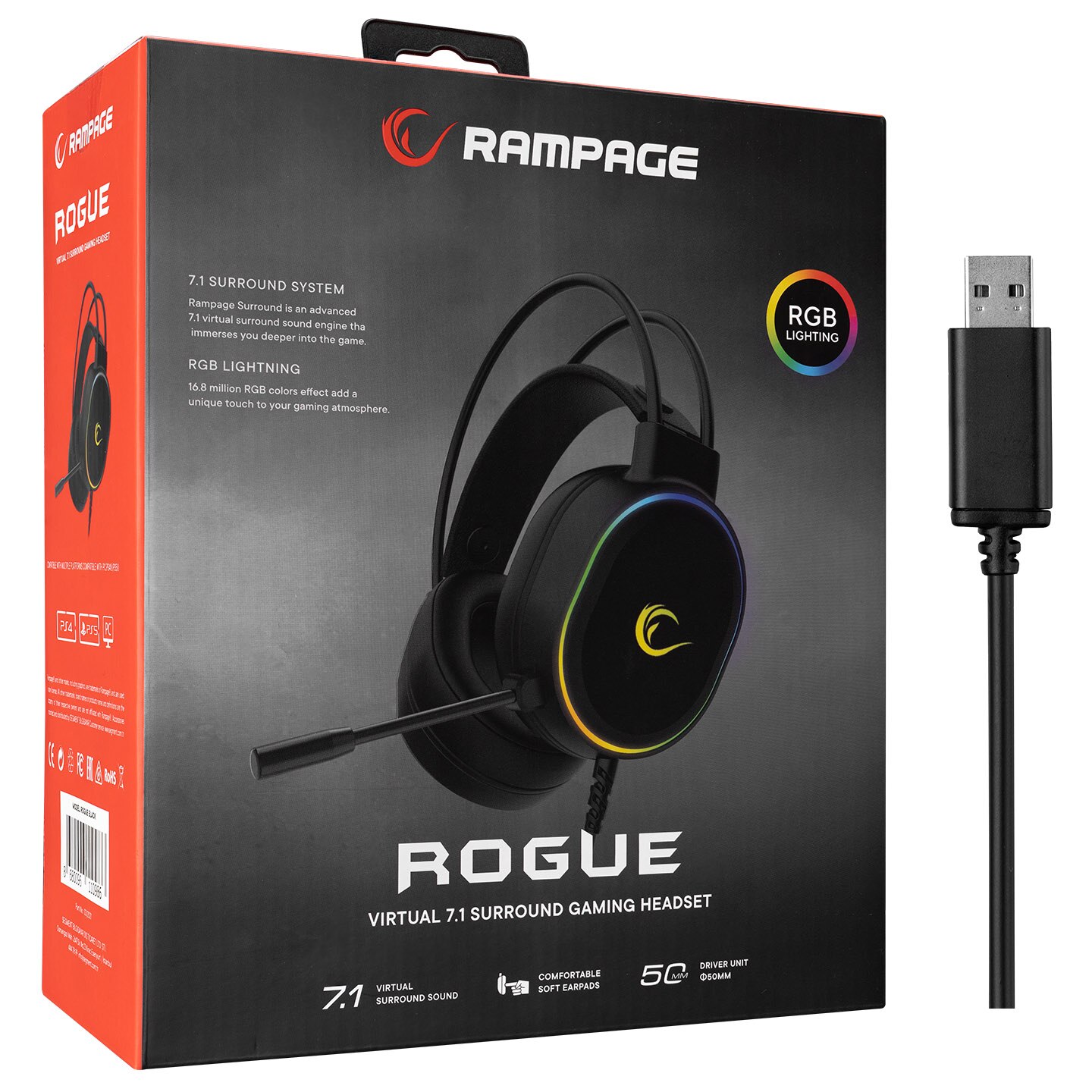 Casti gaming Rampage ROGUE, Virtual 7.1 surround, Iluminare RGB, USB ...