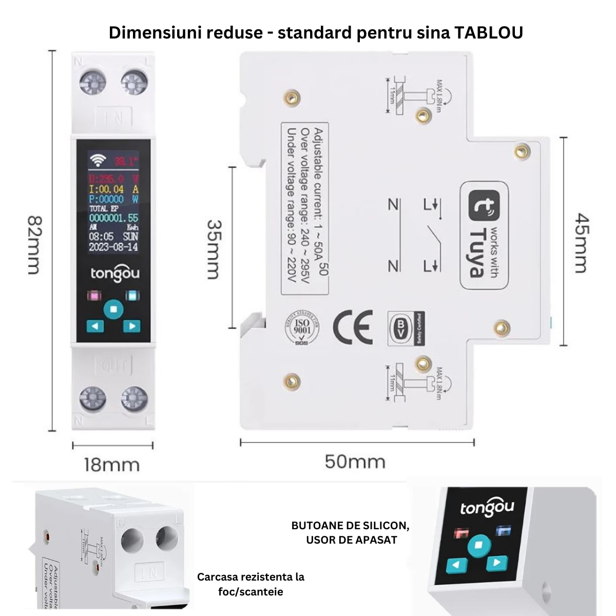 Releu de protectie monofazic, smart, WIFI, 2P, max 50A, monitorizare consum energie, digital ...