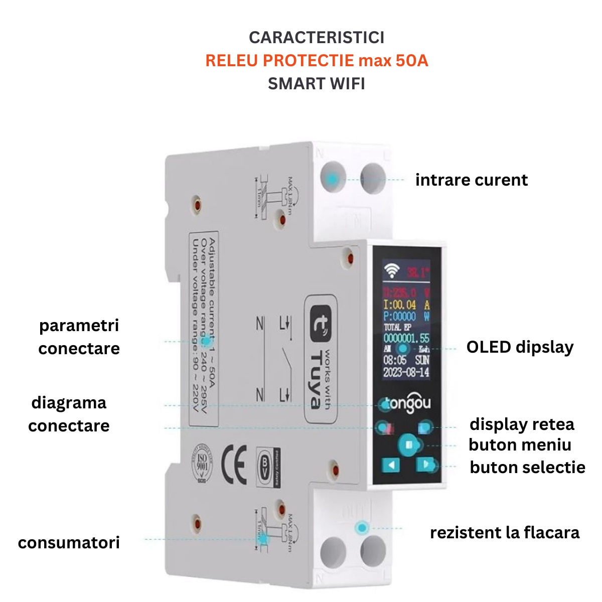 Releu de protectie monofazic, smart, WIFI, 2P, max 50A, monitorizare consum energie, digital ...