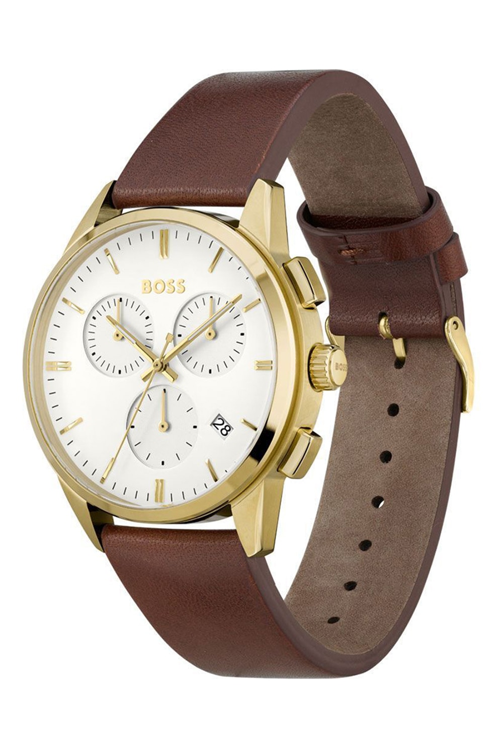 BOSS, Ceas cu o curea din piele, Auriu, Maro - eMAG.ro