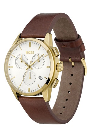 BOSS, Ceas cu o curea din piele, Auriu, Maro - eMAG.ro