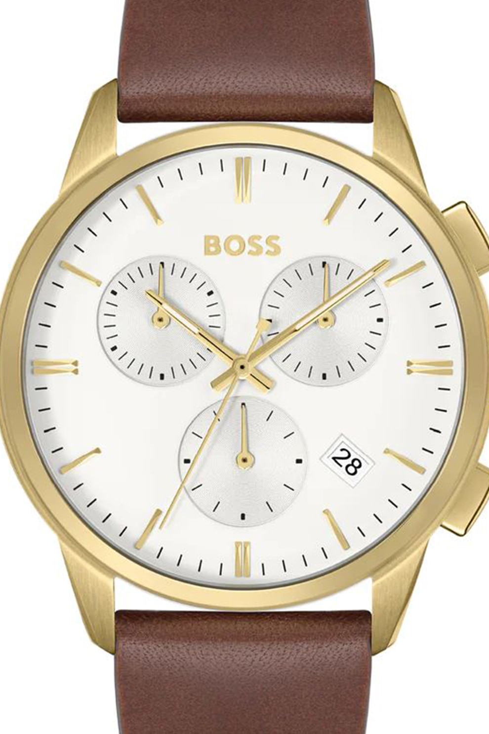 BOSS, Ceas cu o curea din piele, Auriu, Maro - eMAG.ro