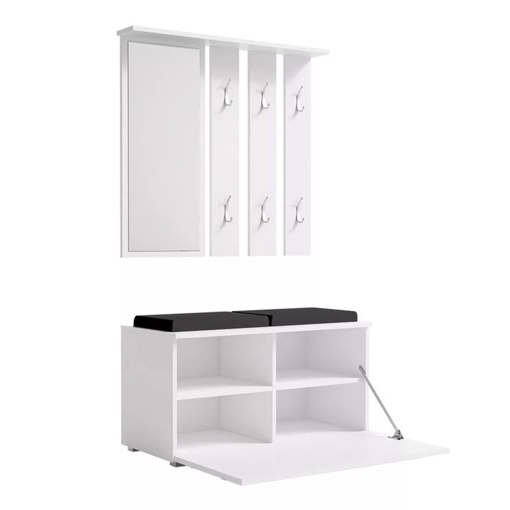 Cuier hol cu oglinda, pantofar si bancheta, 6 agatatori, 165x80cm - eMAG.ro
