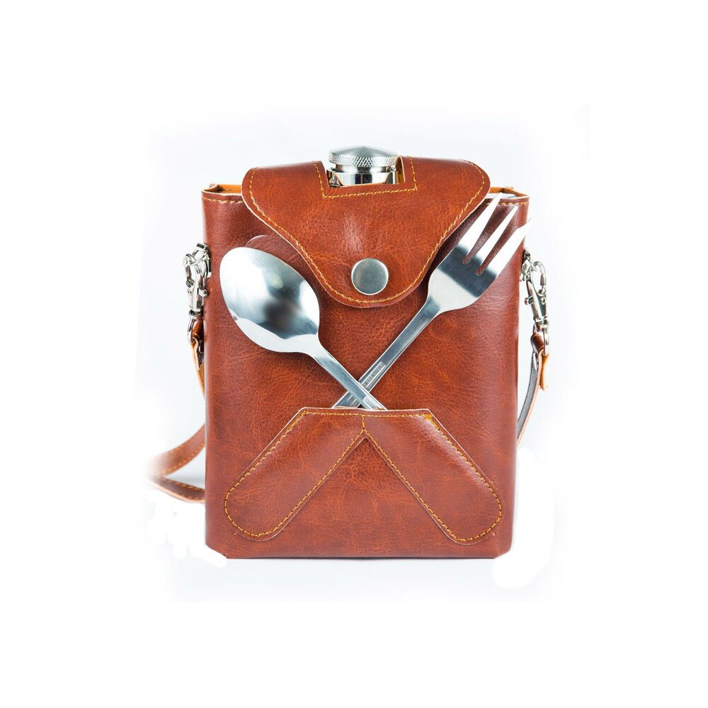 Plosca din inox in toc din piele ecologica maro, set tacam inclus ...