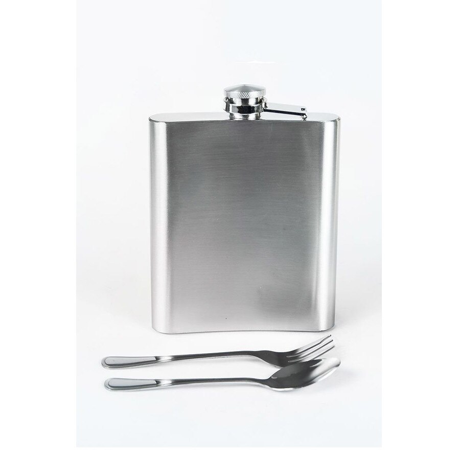 Plosca din inox in toc din piele ecologica maro, set tacam inclus ...